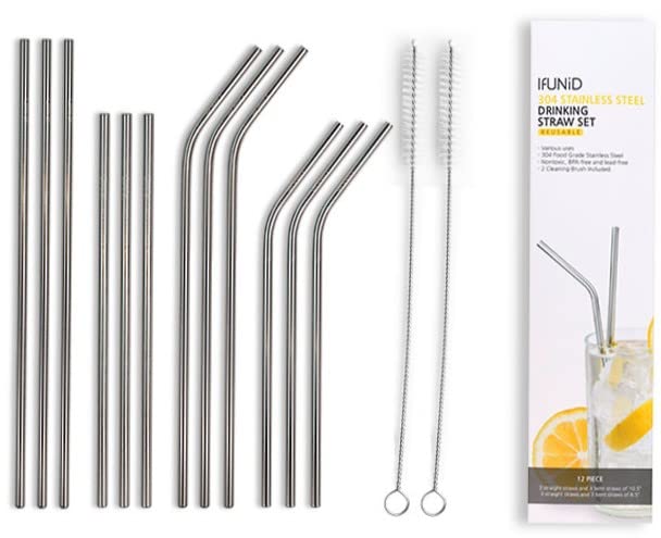 IFUNiD Reusable Stainless Steel Straws 12pcs Set with 2pcs cleaning brushes various size straws for various liquids for a safer earth.