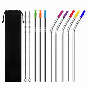 ulikelf 8 pes metal straws with silicone tips reusable stainless steel drinking straw 10.5 inch, 3 straight + 5 bent + 2 cleaner brushes + storage bag