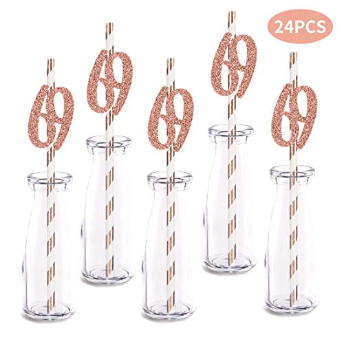 Rose Happy 69th Birthday Straw Decor, Rose Gold Glitter 24pcs Cut-Out Number 69 Party Drinking Decorative Straws, Supplies