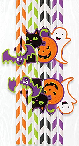 Multicolor Halloween Decal Striped Paper Straws (Pack of 8) - 11.25" - Eco-friendly & Fun, Perfect for Spooky Parties