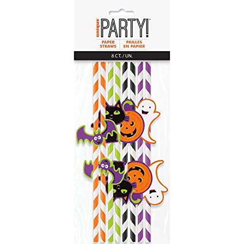 Multicolor Halloween Decal Striped Paper Straws (Pack of 8) - 11.25" - Eco-friendly & Fun, Perfect for Spooky Parties