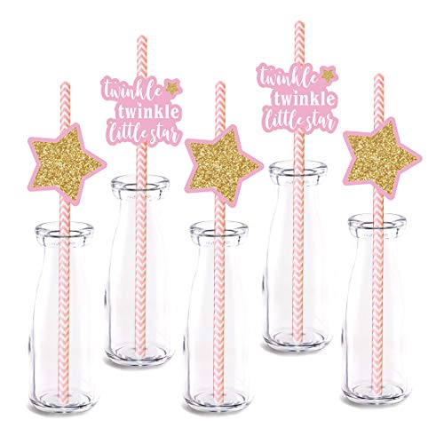 Pink Little Star Straw Decor, 24-Pack Girl Baby Shower Or Birthday Party Decorations, Paper Decorative Straws