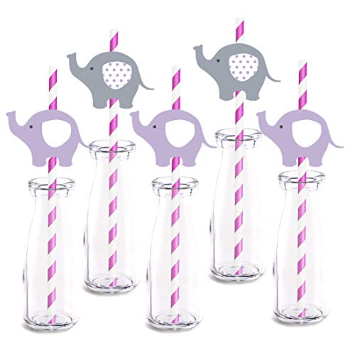 Purple Elephant Party Straw Decor, 24-Pack Girl Baby Shower Birthday Party Supply Decorations, Paper Decorative Straws