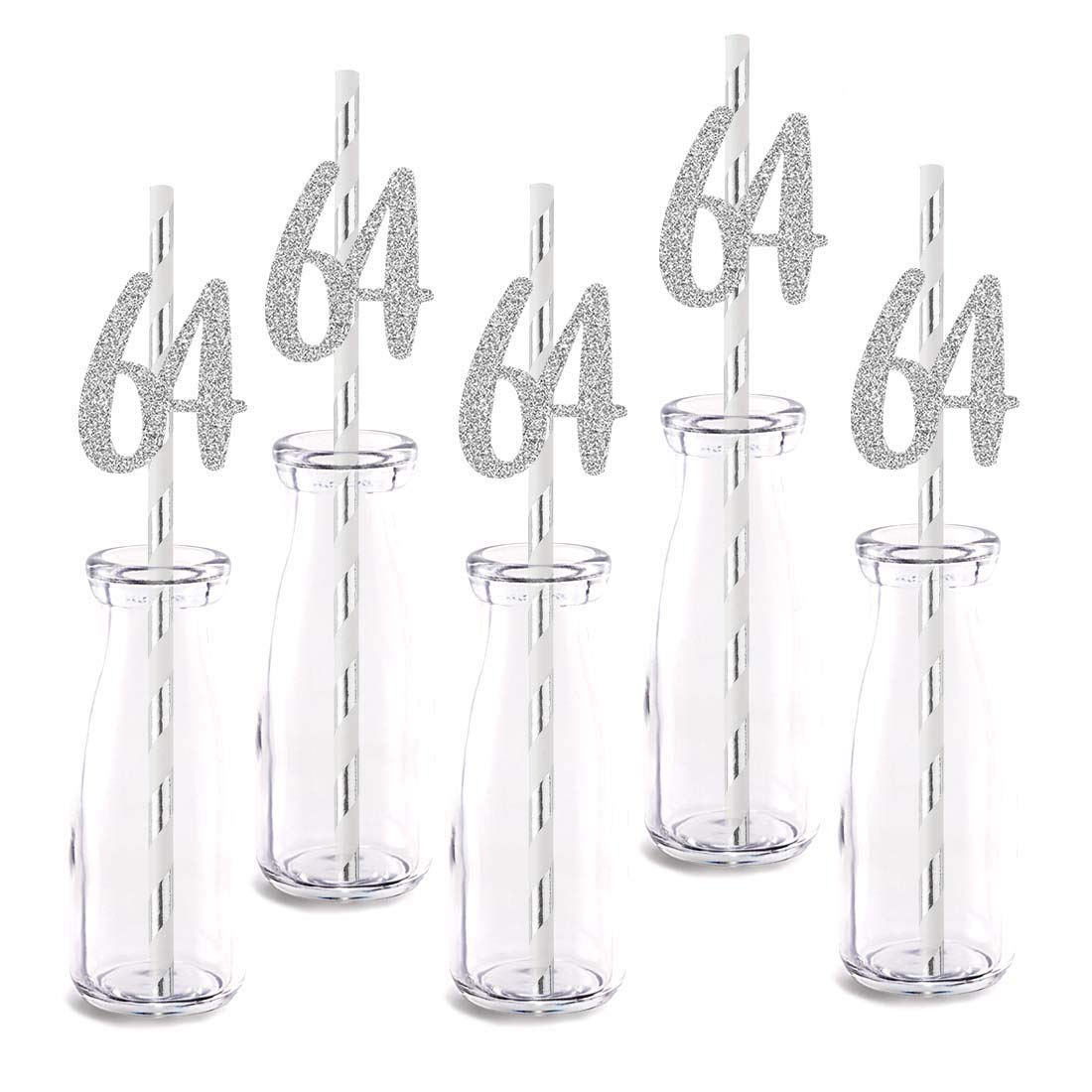 Silver Happy 64th Birthday Straw Decor, Silver Glitter 24pcs Cut-Out Number 64 Party Drinking Decorative Straws, Supplies