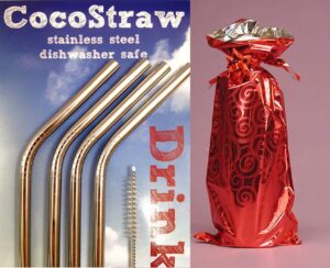 gift pack - stainless steel reusable drinking straws 4 pack + cleaning brush *