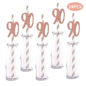 Rose Happy 90th Birthday Straw Decor, Rose Gold Glitter 24pcs Cut-Out Number 90 Party Drinking Decorative Straws, Supplies