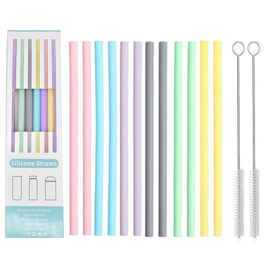 Hoshen 9-Inch Reusable Silicone Straw Set, Bpa-Free, 6 Color Straws and 2 Long Cleaning Brush, Suitable for 20oz/30oz Drink Cups, 12 Pieces