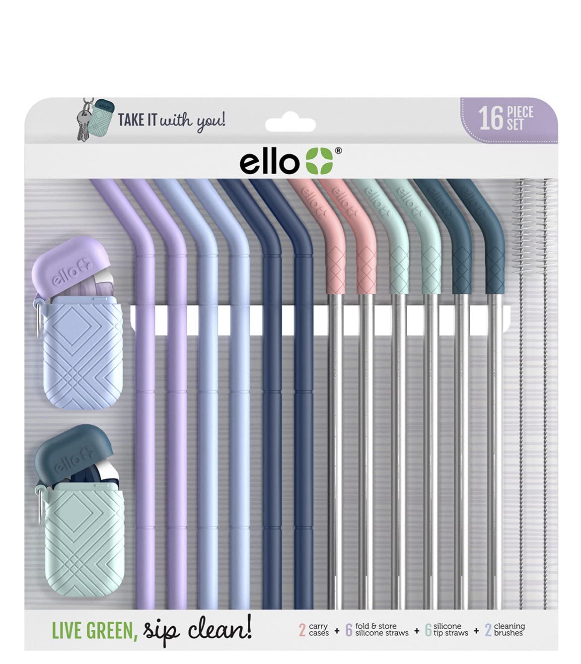 Straws Ello 16-Piece Reusable Straw Set