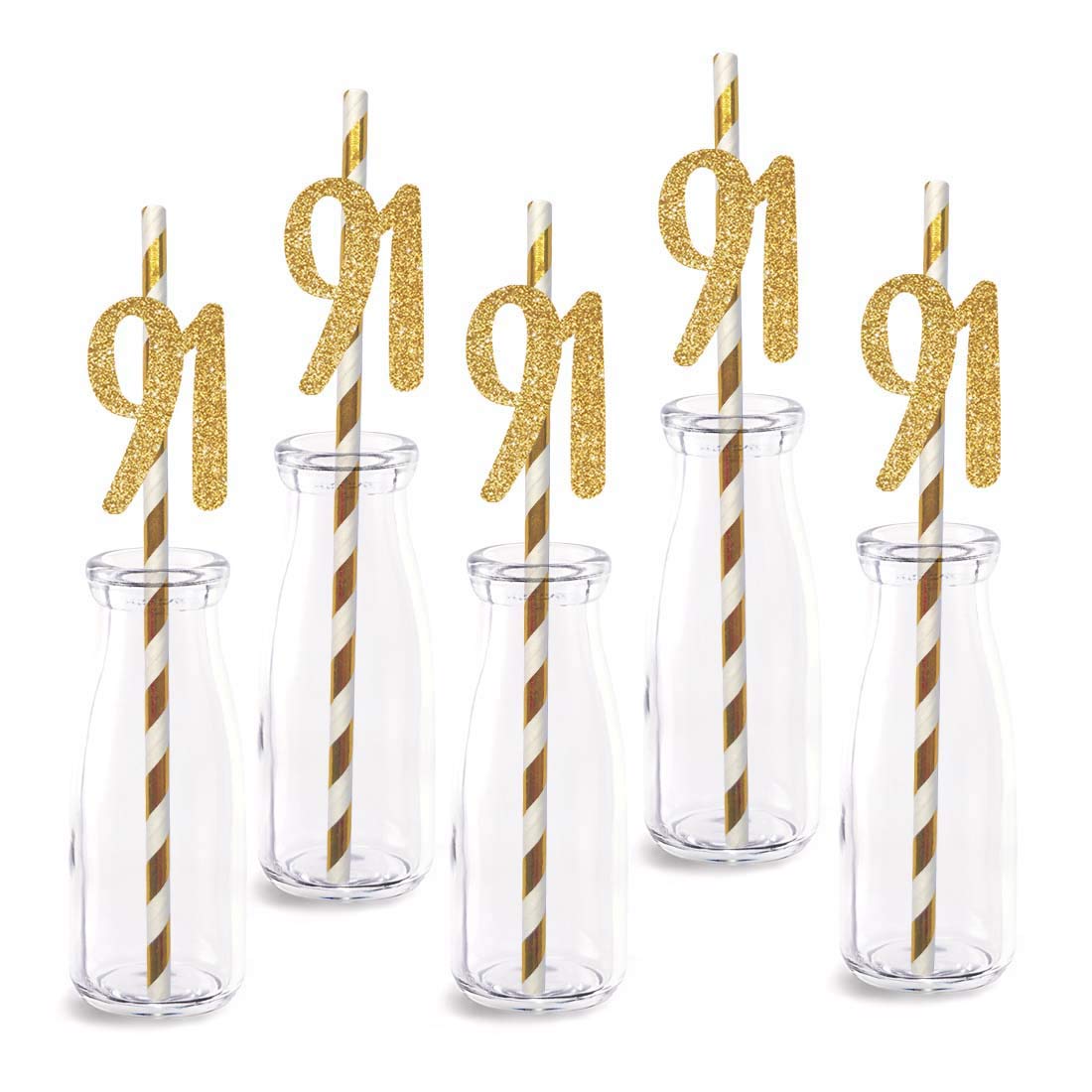 91st Birthday Paper Straw Decor, 24-Pack Real Gold Glitter Cut-Out Numbers Happy 91 Years Party Decorative Straws