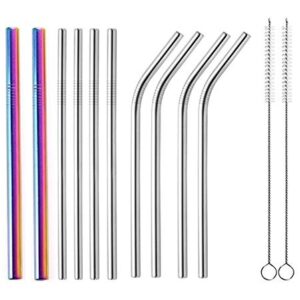 Stainless Steel Straws 10 Pieces Variety 8.5inch Reusable Drinking Straws with Wide Rainbow Smoothie Straw for 20oz Tumblers（6 Straight 4 Bent 2 Brushes)