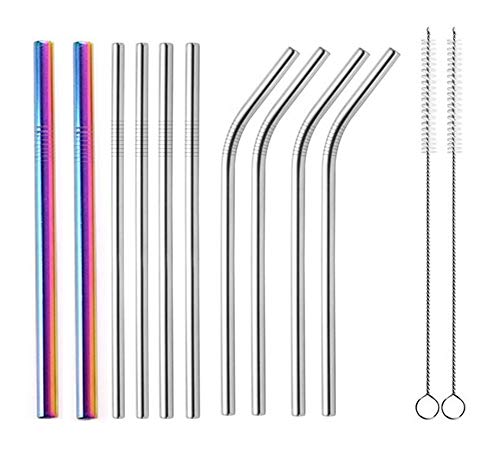 Stainless Steel Straws 10 Pieces Variety 8.5inch Reusable Drinking Straws with Wide Rainbow Smoothie Straw for 20oz Tumblers（6 Straight 4 Bent 2 Brushes)