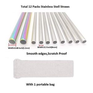 Stainless Steel Straws 10 Pieces Variety 8.5inch Reusable Drinking Straws with Wide Rainbow Smoothie Straw for 20oz Tumblers（6 Straight 4 Bent 2 Brushes)