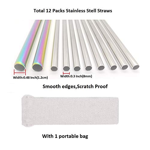 Stainless Steel Straws 10 Pieces Variety 8.5inch Reusable Drinking Straws with Wide Rainbow Smoothie Straw for 20oz Tumblers（6 Straight 4 Bent 2 Brushes)