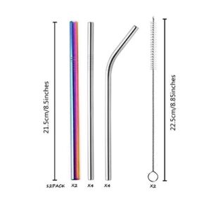 Stainless Steel Straws 10 Pieces Variety 8.5inch Reusable Drinking Straws with Wide Rainbow Smoothie Straw for 20oz Tumblers（6 Straight 4 Bent 2 Brushes)