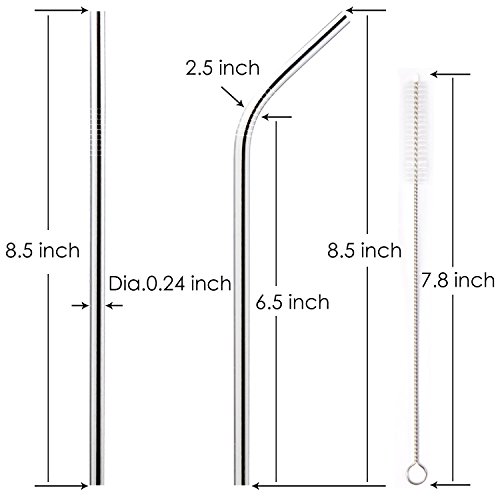 Set of 8 in 1 pack Reusable Stainless Steel Metal Straws- Long 215mm- Regular Size 6 mm Wide - Compatible - 4 Straight+ 4 Bent+ 2 Brushes+ 8 silicon tip+ 1 Pouch (silver, 8.5inch)