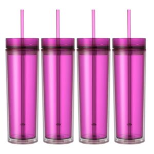 Set of 4 Double Wall Skinny Acrylic Tumblers 16 Oz, with Straws (Pink)