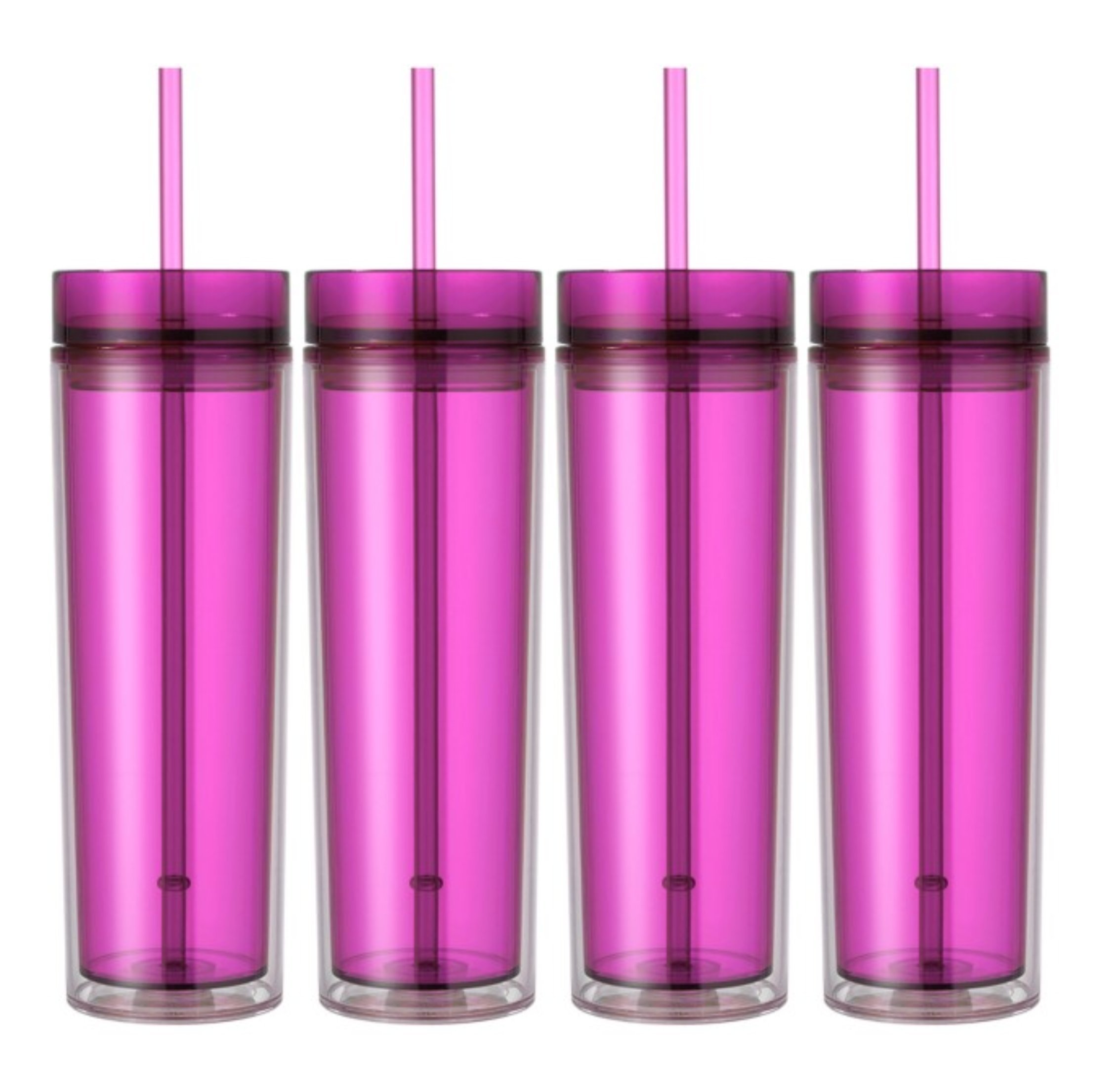 Set of 4 Double Wall Skinny Acrylic Tumblers 16 Oz, with Straws (Pink)