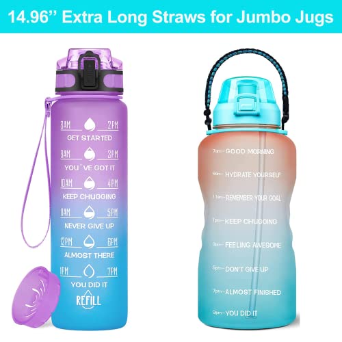 TeHappy Long Straw for Gallon Water Bottle, Reusable Straws Replacement for 64oz and 128oz Big Bottles Jugs, 8 Extra Long 14.9’’ Straws with 4 Cleaning Brushes Set of 12, Cut to Fit Any Water Jug