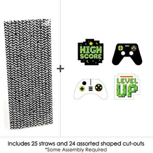 Game Zone - Paper Straw Decor - Pixel Video Game Party or Birthday Party Striped Decorative Straws - Set of 24