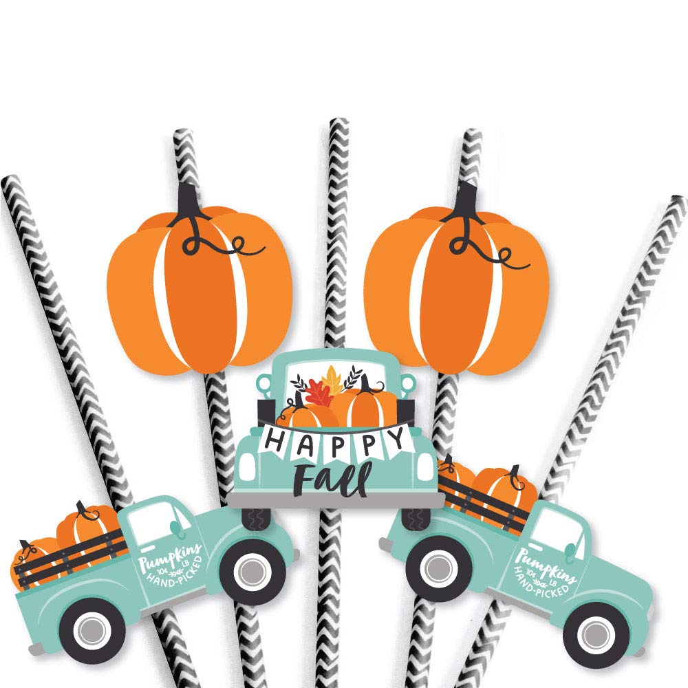 Big Dot of Happiness Happy Fall Truck - Paper Straw Decor - Harvest Pumpkin Party Striped Decorative Straws - Set of 24