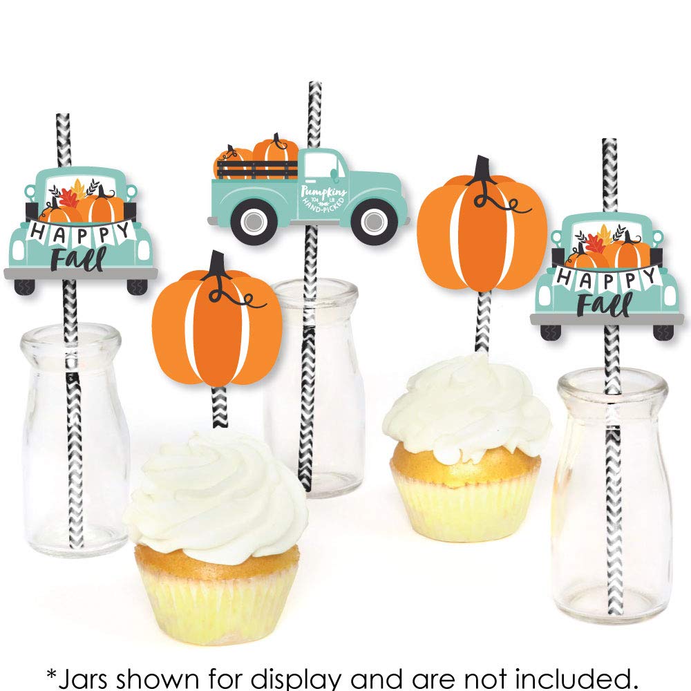 Big Dot of Happiness Happy Fall Truck - Paper Straw Decor - Harvest Pumpkin Party Striped Decorative Straws - Set of 24