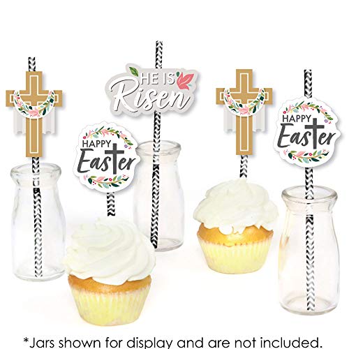 Big Dot of Happiness Religious Easter - Paper Straw Decor - Christian Holiday Party Striped Decorative Straws - Set of 24