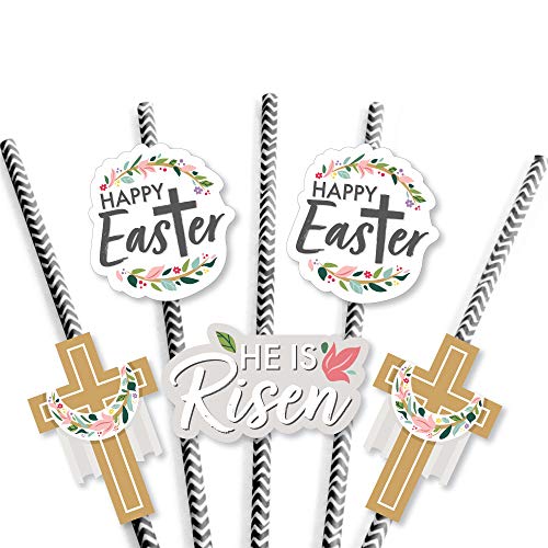 Big Dot of Happiness Religious Easter - Paper Straw Decor - Christian Holiday Party Striped Decorative Straws - Set of 24