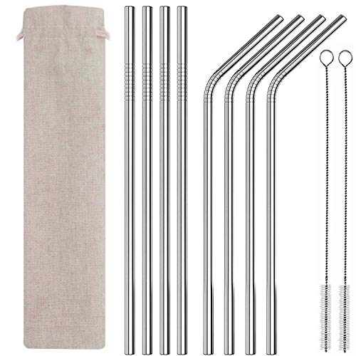 Electriduct Set of 8 Stainless Steel Reusable Metal Drinking Straws with Cleaning Brushes and Pouch. 8.5 Inch Straw fits 20 oz Yeti Rtic Tumblers