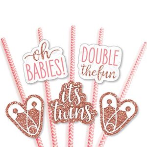 It’s Twin Girls - Paper Straw Decor - Pink and Rose Gold Twins Baby Shower Striped Decorative Straws - Set of 24