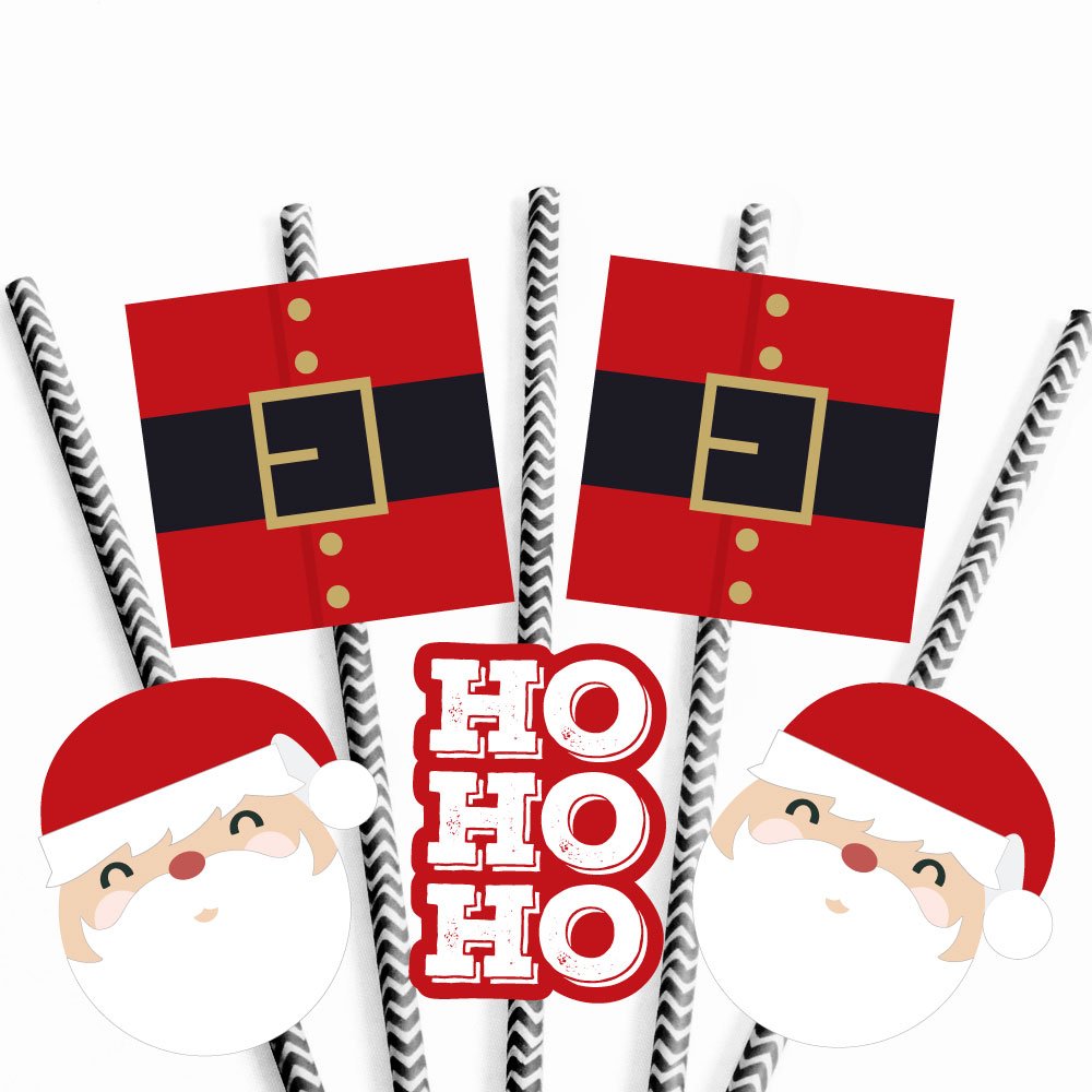 Big Dot of Happiness Jolly Santa Claus Paper Straw Decor - Christmas Party Striped Decorative Straws - Set of 24