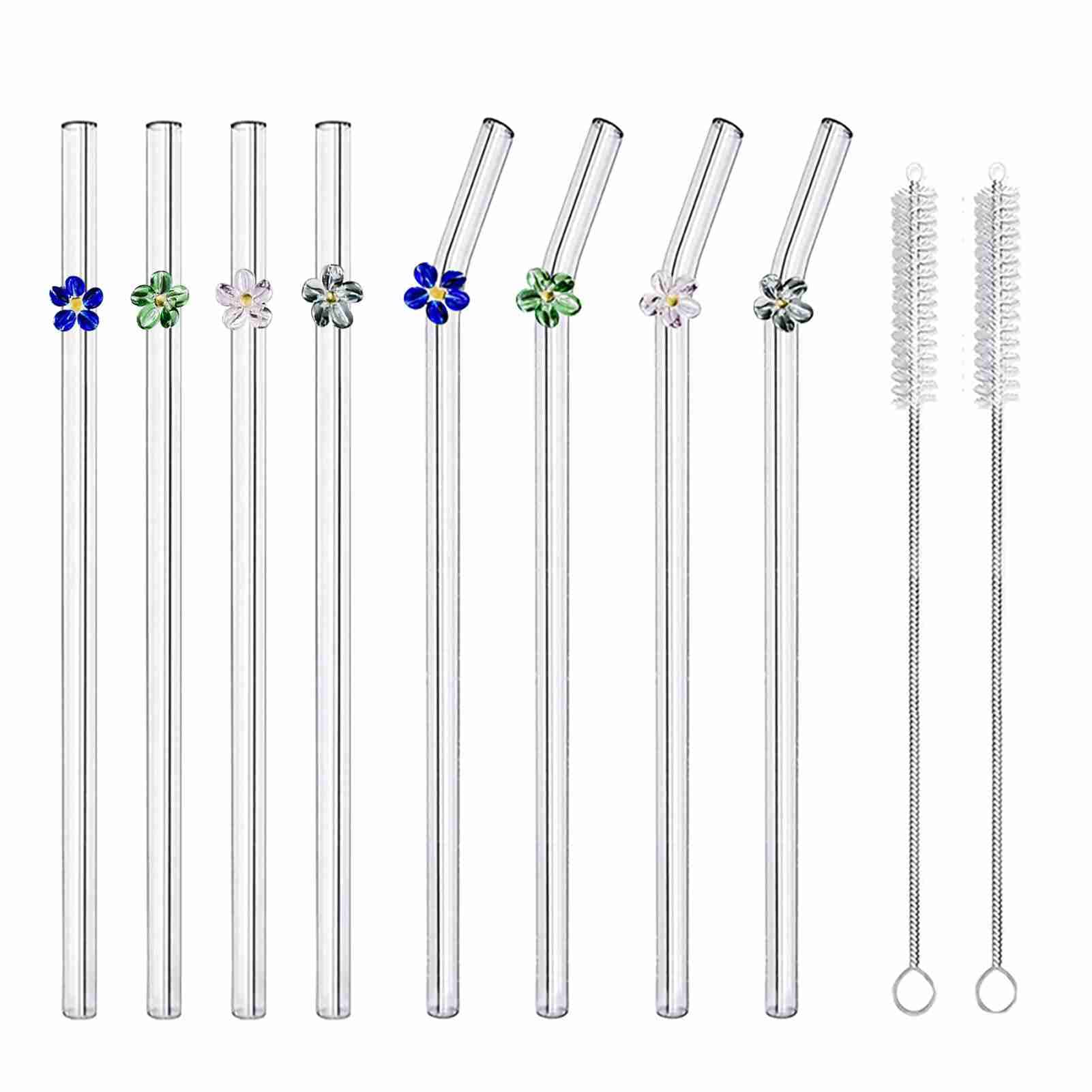 SALIKATE 8 PCS Reusable Glass Drinking Straws, 7.9in X 8mm, Colorful Shatter Resistant Glass Smoothie Straws with Rose Flower,with 2 Cleaning Brushes,for Beverages,Shakes,Juices Transparent S