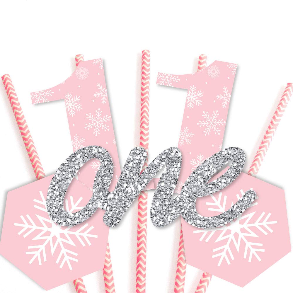 Big Dot of Happiness Pink Onederland - Paper Straw Decor - Holiday Snowflake Winter Wonderland Birthday Party Striped Decorative Straws - Set of 24