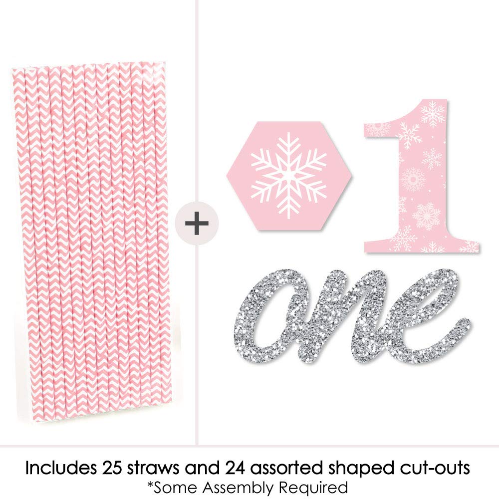 Big Dot of Happiness Pink Onederland - Paper Straw Decor - Holiday Snowflake Winter Wonderland Birthday Party Striped Decorative Straws - Set of 24