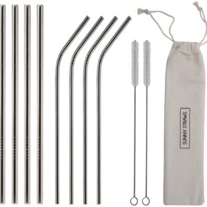 Sunny Straws Re usable Ultra-Long Stainless Steel Straw Set Including (2) Brushes & (1) Linen Pouch - PERFECT FOR COLD DRINKS AND TUMBLERS (Silver)