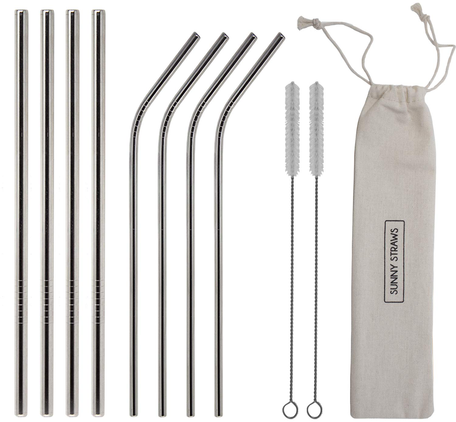 Sunny Straws Re usable Ultra-Long Stainless Steel Straw Set Including (2) Brushes & (1) Linen Pouch - PERFECT FOR COLD DRINKS AND TUMBLERS (Silver)