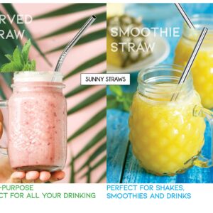 Sunny Straws Re usable Ultra-Long Stainless Steel Straw Set Including (2) Brushes & (1) Linen Pouch - PERFECT FOR COLD DRINKS AND TUMBLERS (Silver)