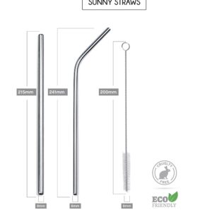 Sunny Straws Re usable Ultra-Long Stainless Steel Straw Set Including (2) Brushes & (1) Linen Pouch - PERFECT FOR COLD DRINKS AND TUMBLERS (Silver)