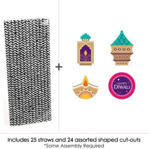 Big Dot of Happiness Happy Diwali - Paper Straw Decor - Festival of Lights Party Striped Decorative Straws - Set of 24