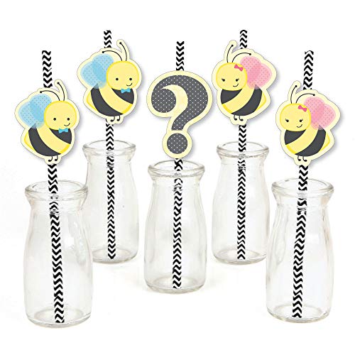 What Will It Bee - Paper Straw Decor - Gender Reveal Striped Decorative Straws - Set of 24