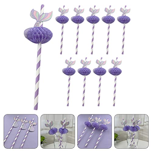 ABOOFAN Neon Straws Mermaid Paper Straws Biodegradable Striped Paper Straws Purple Honeycomb Drinking Straws 50pcs for Birthday Party Under The Sea Party Supplies Colored Straws