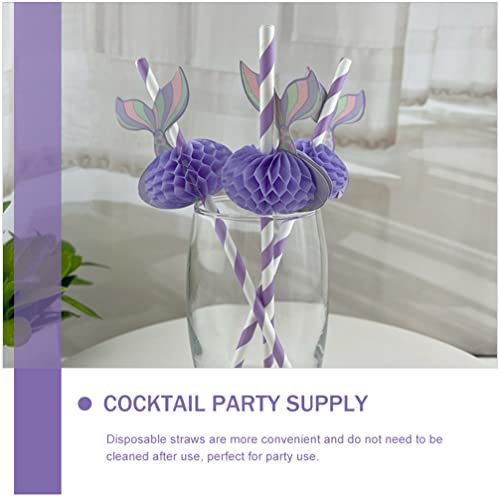 ABOOFAN Neon Straws Mermaid Paper Straws Biodegradable Striped Paper Straws Purple Honeycomb Drinking Straws 50pcs for Birthday Party Under The Sea Party Supplies Colored Straws