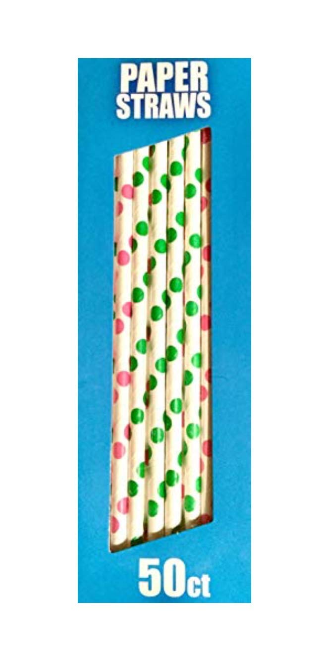 Paper Straws for Parties, Weddings, Baby Showers White with Pink or Green Polka Dot Dots Unisex – Disposable & Eco-Friendly, 100% Biodegradable – Boxed 50 count