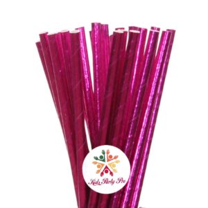 100 pcs shimmer plain hot pink foil paper straws, shiny pure solid color metallic party vintage paper drinking straws bulk, wedding holiday birthday bridal shower cake pop sticks