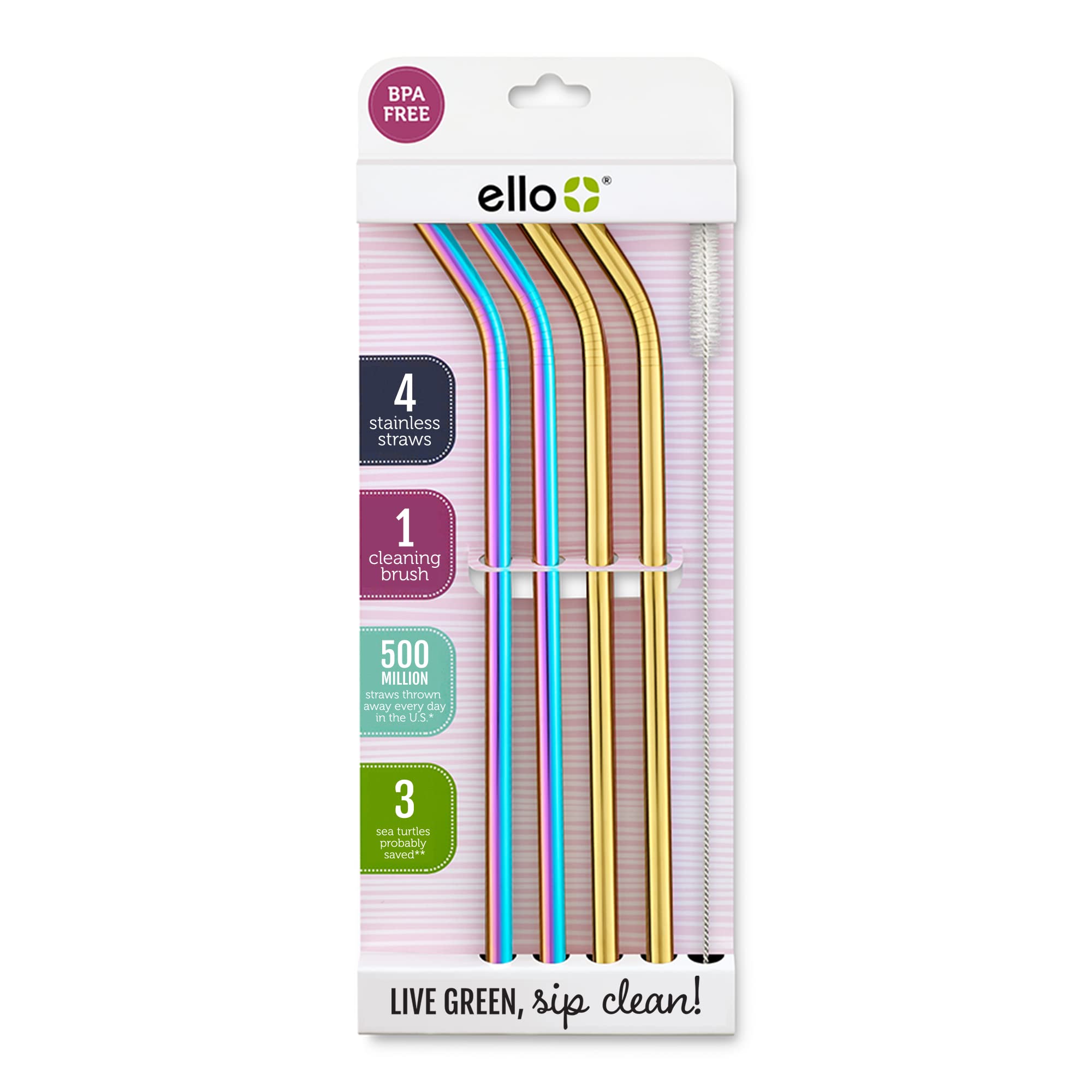 Ello Impact Stainless Steel Reusable Straws with Cleaning Brush, 4 Piece, Rainbow