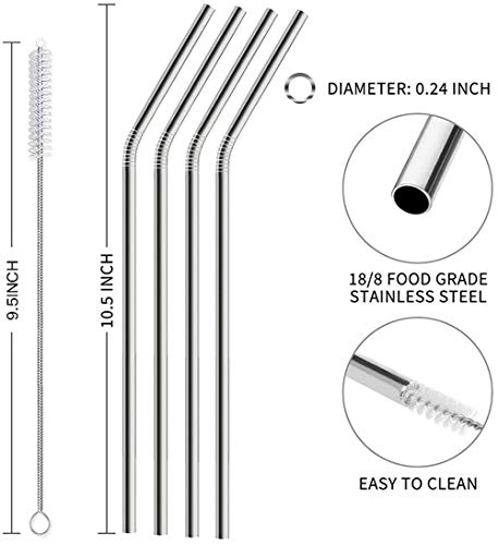 CALCA 10.5in Long Stainless Steel Drinking Straws for 30 oz and 20 oz Tumblers, Reusable Long Drinking Straws Set of 4, Cleaning Brush Included - US Stock