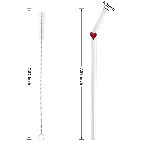 6 Pcs Glass Straws Shatter Resistant,Red Heart Glass Straws With Design 7.9in X 8mm Reusable Bent Drinking Straws with 2 Cleaning Brushes Valentine's Day Decoration for Beverages,Cocktails