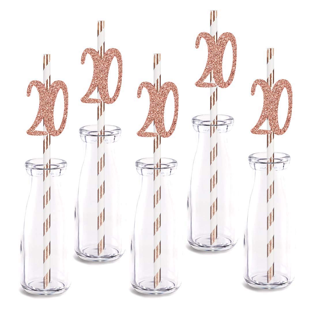 Rose Happy 20th Birthday Straw Decor, Rose Gold Glitter 24pcs Cut-Out Number 20 Party Drinking Decorative Straws, Supplies