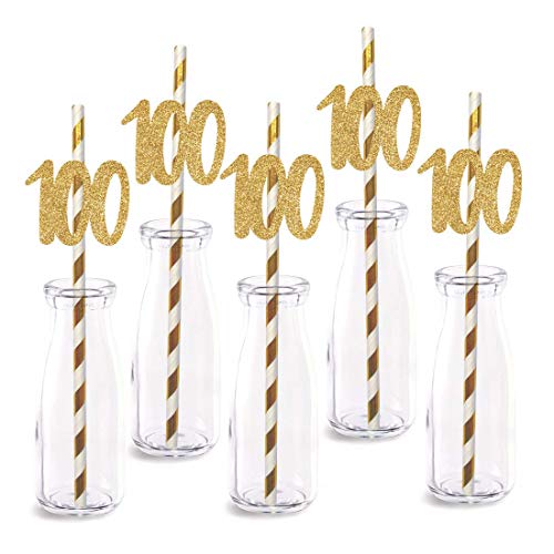 100th Birthday Paper Straw Decor, 24-Pack Real Gold Glitter Cut-Out Numbers Happy 100 Years Party Decorative Straws