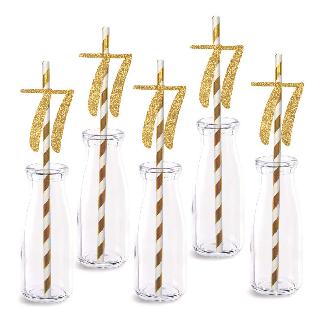 77th Birthday Paper Straw Decor, 24-Pack Real Gold Glitter Cut-Out Numbers Happy 77 Years Party Decorative Straws