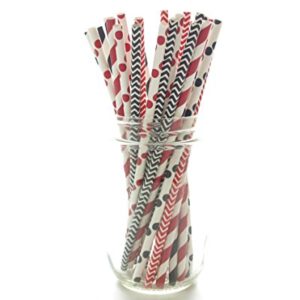 Pirate Straws (25 Pack) - Black, Red & White Sailor Pirates Paper Straws, Skeleton Skull Boys Birthday Party Supplies